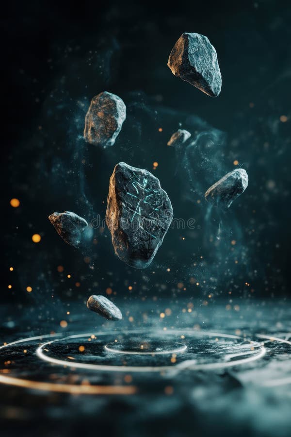 Mystical Floating Stones with Engraved Symbols in Ethereal Atmosphere ...