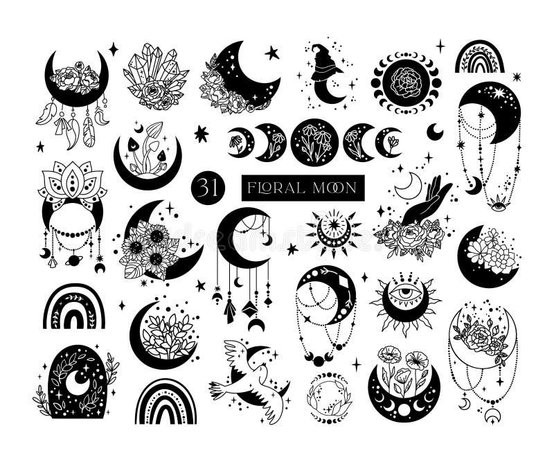Mystical Floral Moon Phases Isolated Clip Arts Bundle, Celestial ...
