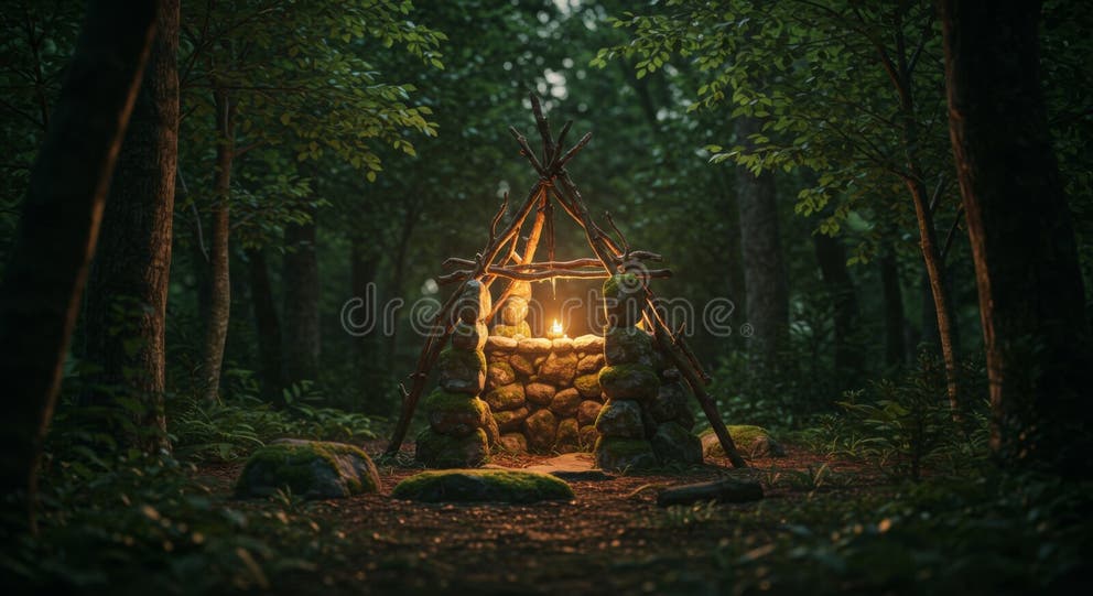 Mystical Forest Altar with Glowing Light at Night Stock Illustration ...