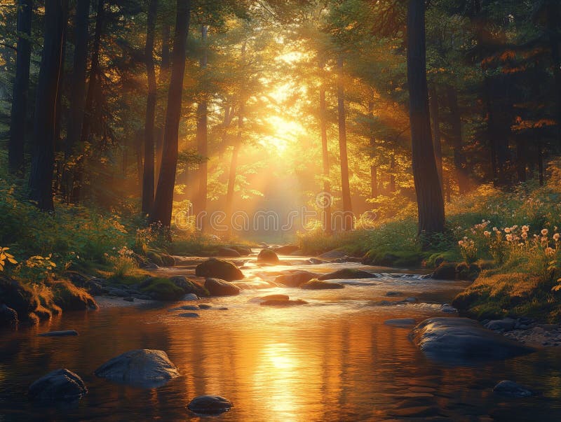 Mystical Forest Bathing in Golden Light Stock Illustration ...
