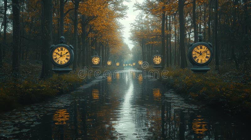 Mystical Forest Canal with Floating Clocks at Dusk Stock Image - Image ...
