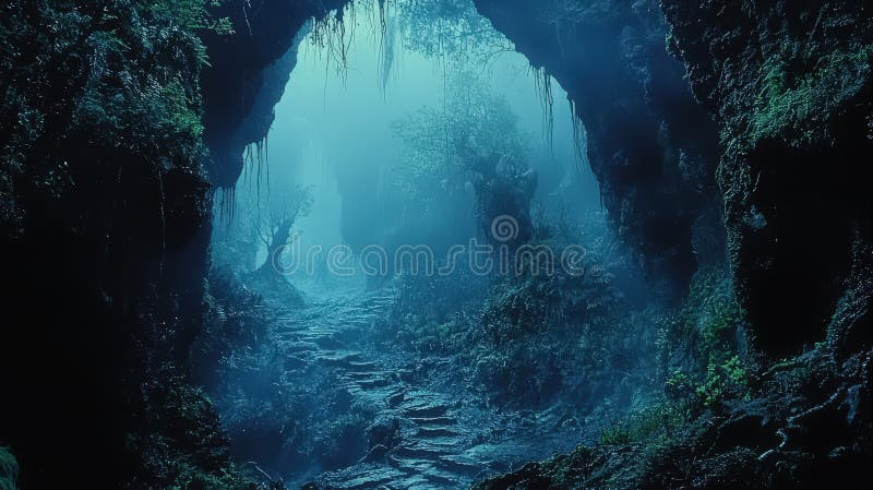 Mystical Forest Cave Illuminated by Ethereal Blue Light Stock Image ...