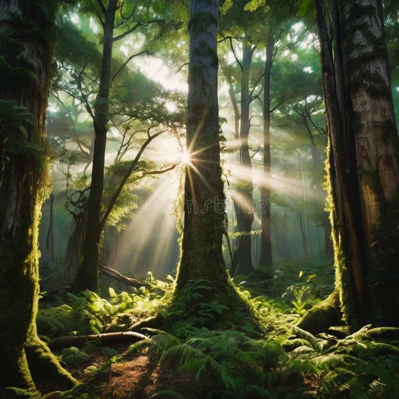 A Mystical Forest at Dawn with Ethereal Light and Ancient Trees. Stock Photo - Image of tree ...