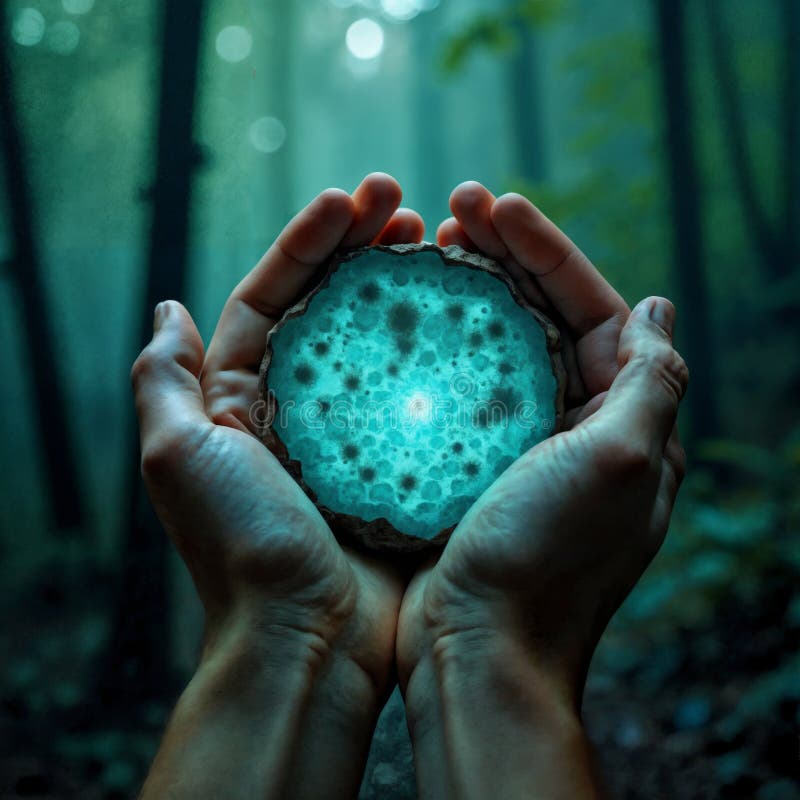 Hands Cradle Glowing Turquoise Geode Forest, Generative Ai Stock ...
