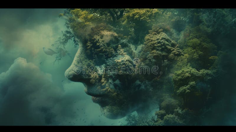 Mystical Forest Face with Greenery and Clouds Stock Photo - Image of ...