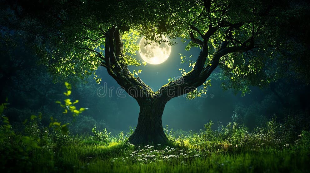 A Mystical Forest Glade with a Single Ancient Tree Glowing in the Stock ...