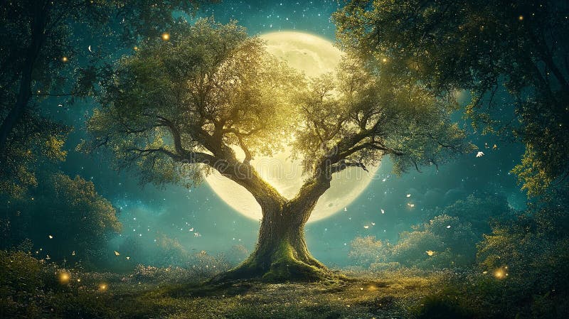 A Mystical Forest Glade with a Single Ancient Tree Glowing in the Stock ...