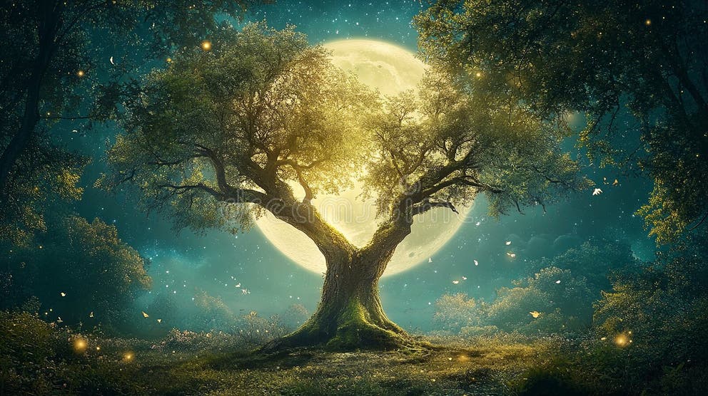 A Mystical Forest Glade with a Single Ancient Tree Glowing in the Stock ...