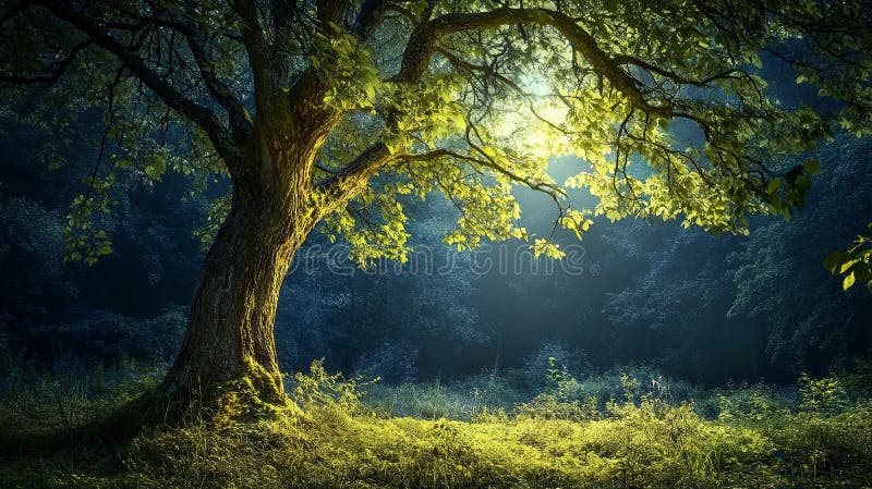 A Mystical Forest Glade with a Single Ancient Tree Glowing in the Stock ...