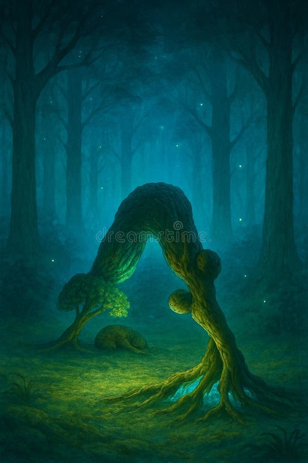 Mystical Forest with Glowing Trees and Bowing Form Stock Illustration ...