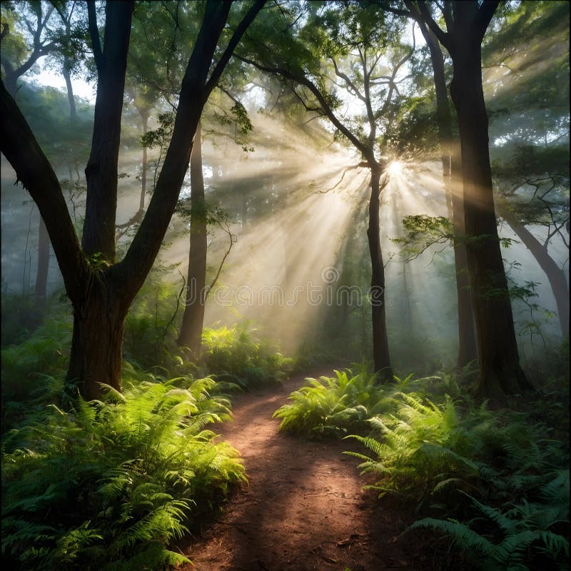 Mystical Forest: Golden Sunlight Beams through Misty Trees Stock Photo ...