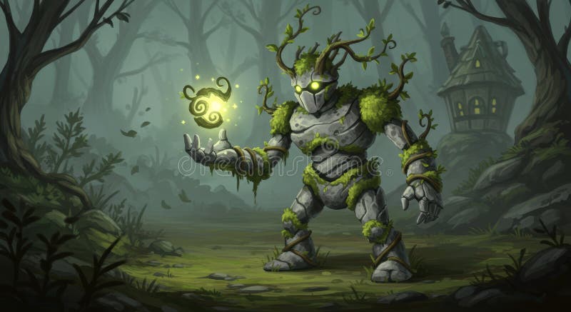 Mystical Forest Golem with Glowing Rune in Enchanted Woods at Night ...