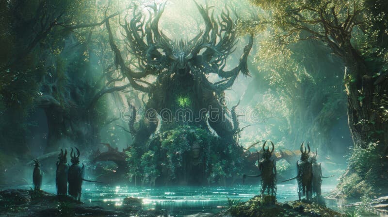 In a Mystical Forest a Group of Creatures Gather Around a Shimmering ...