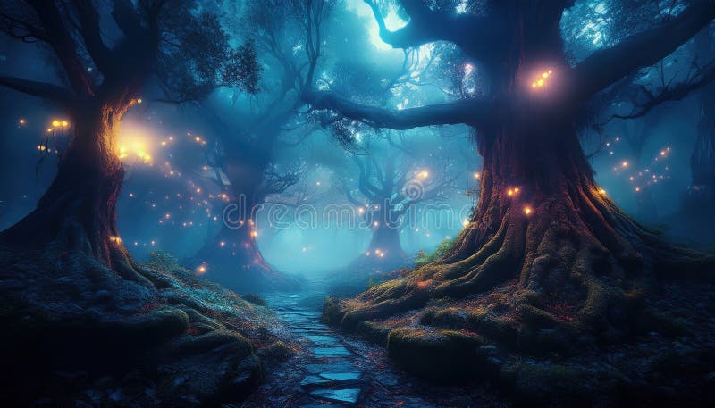Enchanted Forest Filled with Glowing Lights Stock Photo - Image of ...