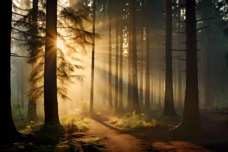 Mystical Forest Landscape with Sunlight Filtering through Trees Stock ...