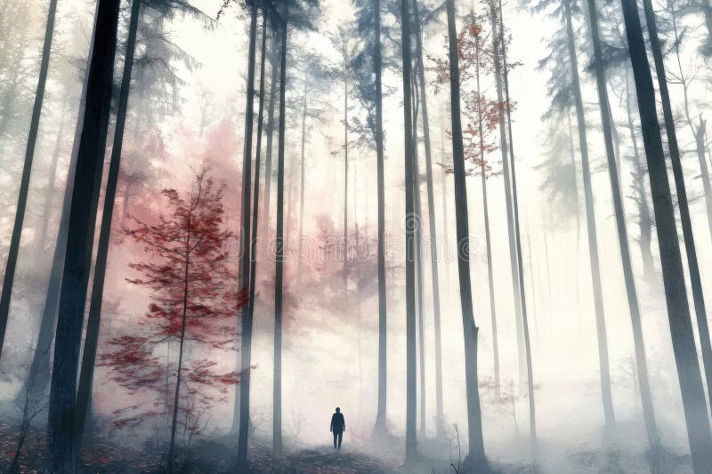 Mystical Forest Landscape with Tall Trees and Solitary Figure Stock ...