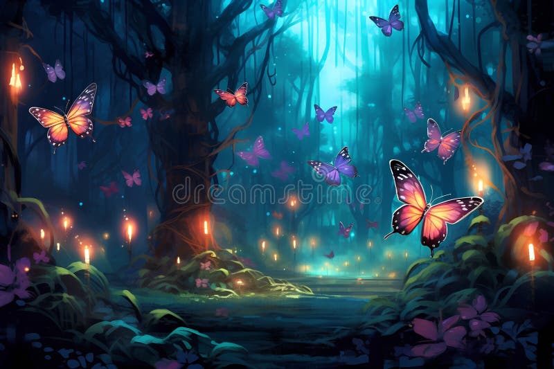 Mystical Forest with Moon, Stars and Flowers. Vector Illustration Stock ...