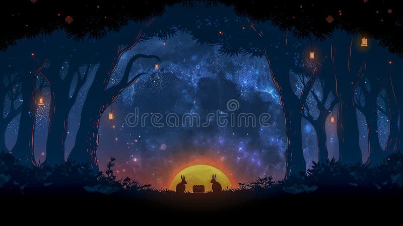 Mystical Forest Night with Rabbits and Glowing Moon Stock Illustration ...