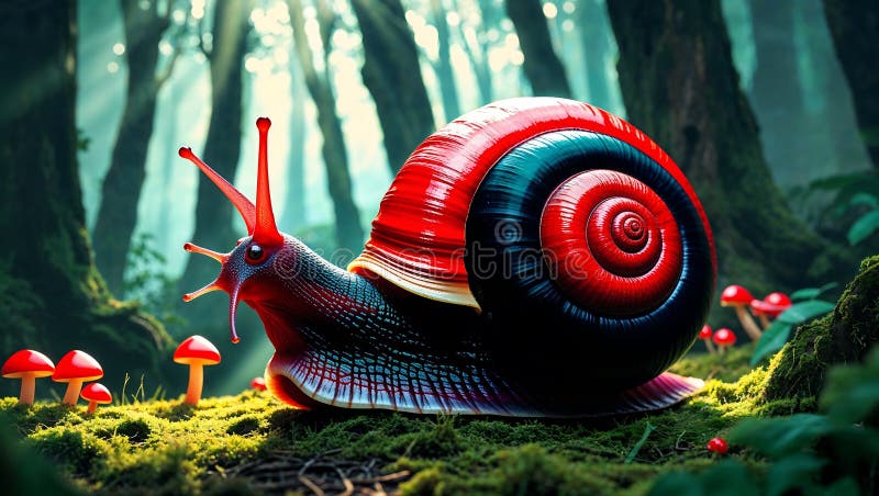 Mystical Forest with Oversized Snail and Striking Red and Black Spiral ...
