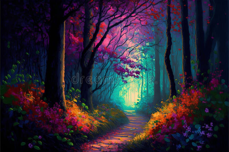 Mystical Mystical Forest with Path and Colorful Trees. Vector ...