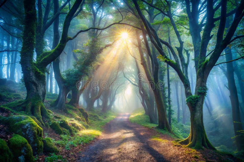 A Mystical Forest Path Covered in Thick Fog and Glowing Light Filtering ...