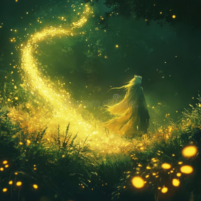 Mystical Forest Path with Glowing Lights Stock Image - Image of dusk ...