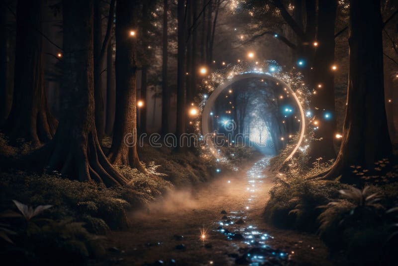 Mystical Forest Path with Glowing Portal Stock Illustration ...