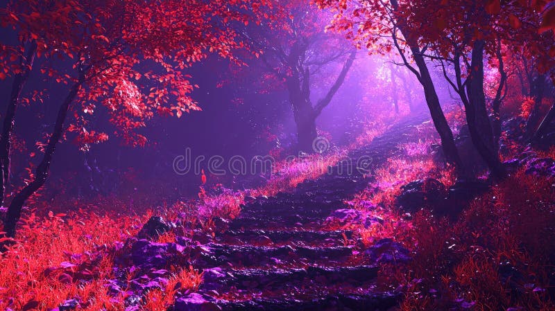 A Mystical Forest Path with Glowing Trees a Light at the End of the ...