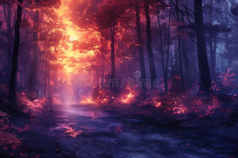 A Mystical Forest Path with Glowing Trees and a Stream at Sunset Stock ...