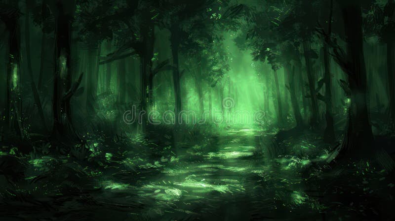 A Mystical Forest Path Illuminated by Ethereal Green Light, Creating an ...