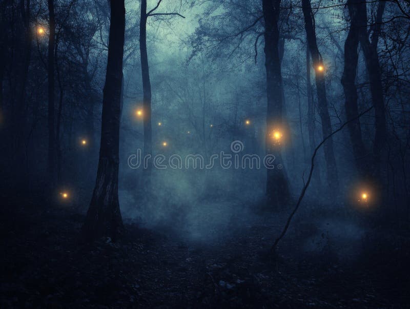 Mystical Forest Path Illuminated by Faint Lights Stock Illustration ...