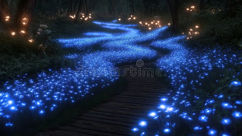 Mystical Forest Path Illuminated by Glowing Flowers Stock Image - Image ...
