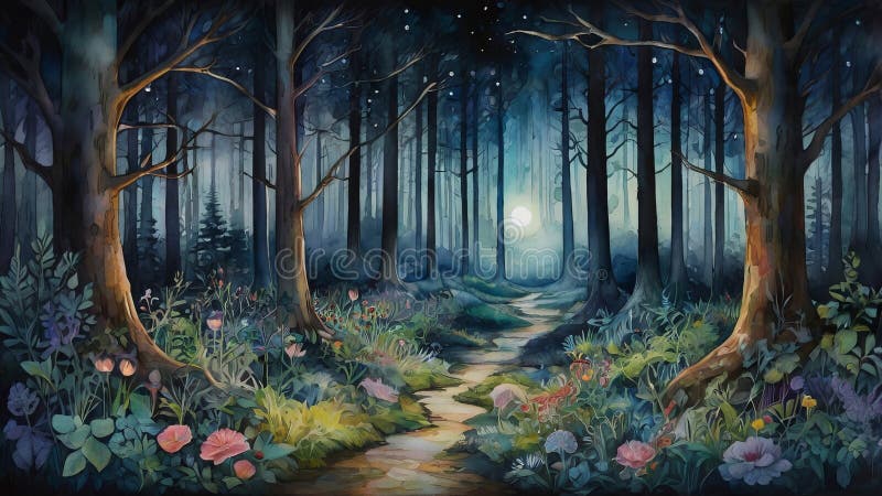 Mystical Forest Path Illuminated by Moonlight Stock Illustration ...
