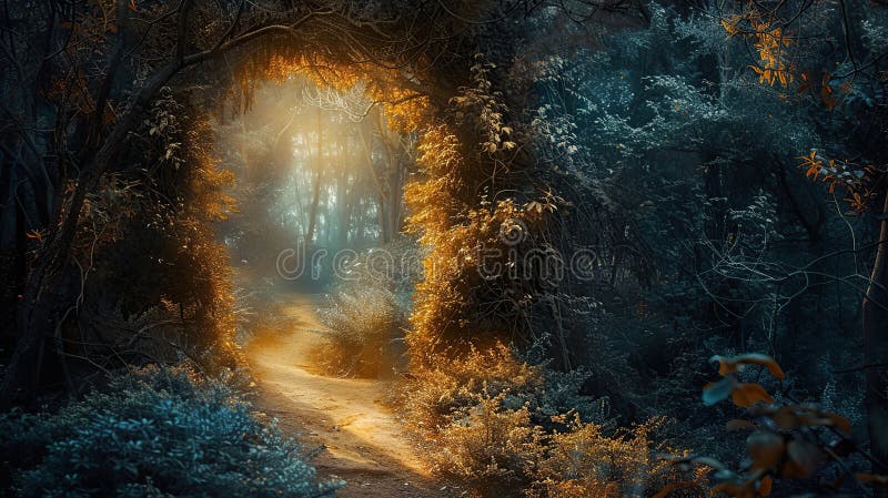 Mystical Forest Path Leading To a Glowing Entrance Stock Illustration ...