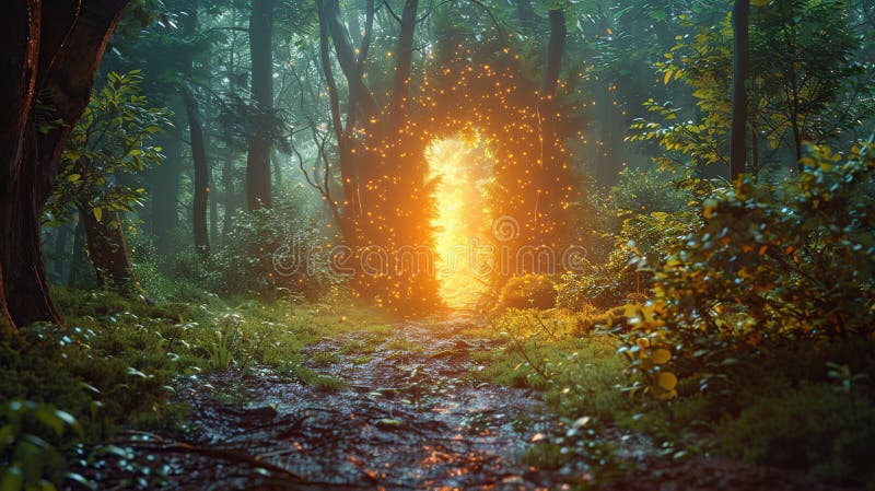 Mystical Forest Path Leading To a Glowing Entrance Stock Illustration ...