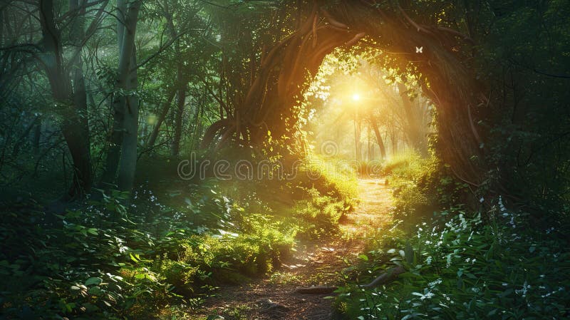 Mystical Forest Path Leading To a Glowing Entrance Stock Illustration ...