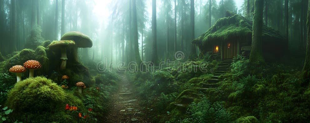 A Mystical Forest Path Leads To a Hidden Cabin with Glowing Windows ...