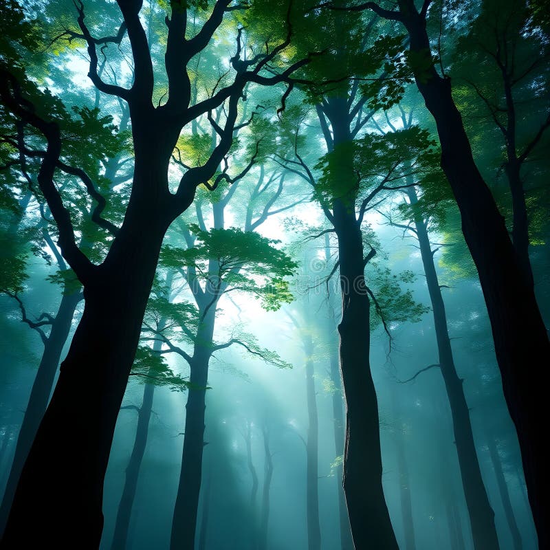 Mystical Forest Path in Misty Light Stock Illustration - Illustration ...