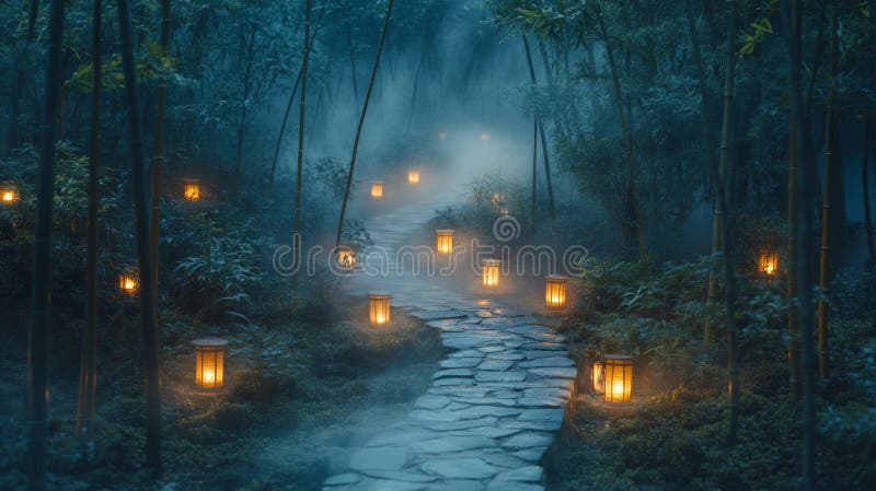 Mystical Forest Path at Night with Glowing Lanterns Stock Illustration ...