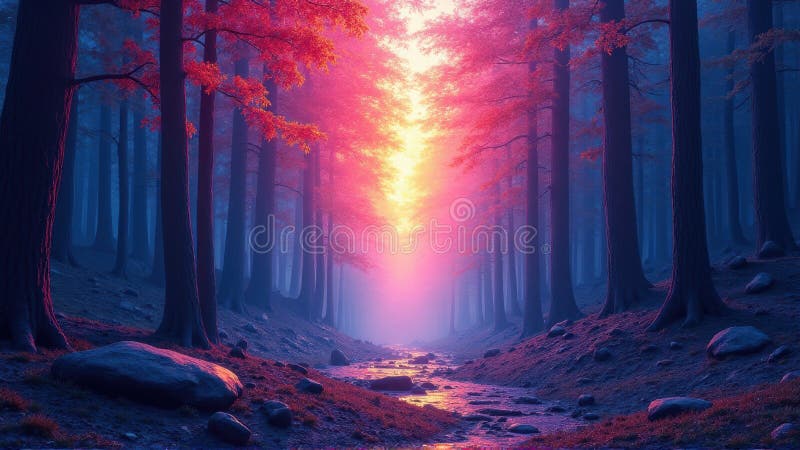 Mystical Forest Path with Pink Sunrise. Stock Illustration ...