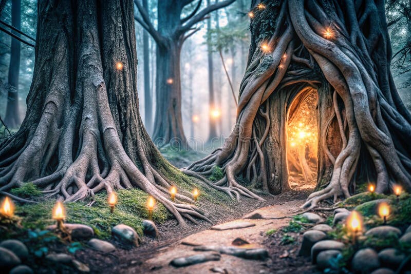 Mystical Forest Path To Glowing Portal Stock Illustration ...