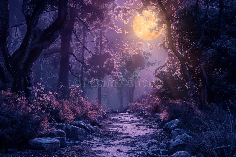 Mystical Forest Path Under a Full Moon Stock Illustration ...