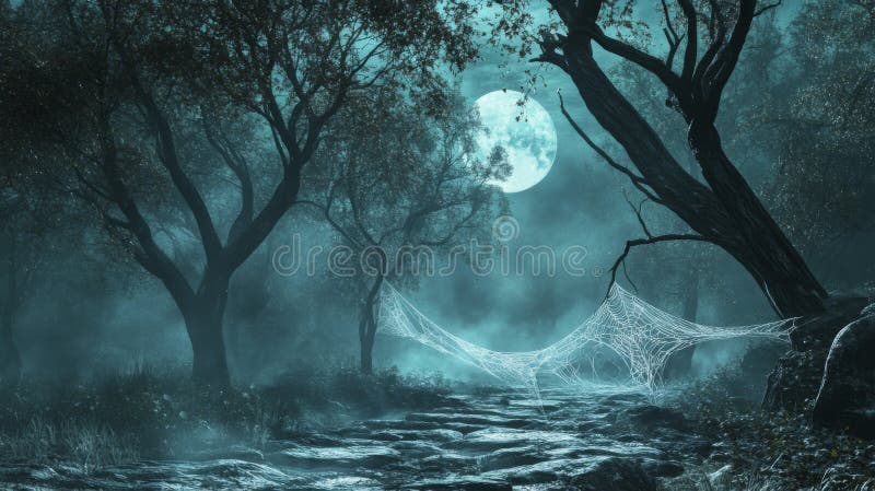 A Mystical Forest Path Under a Full Moon with a Spiderweb Stock ...