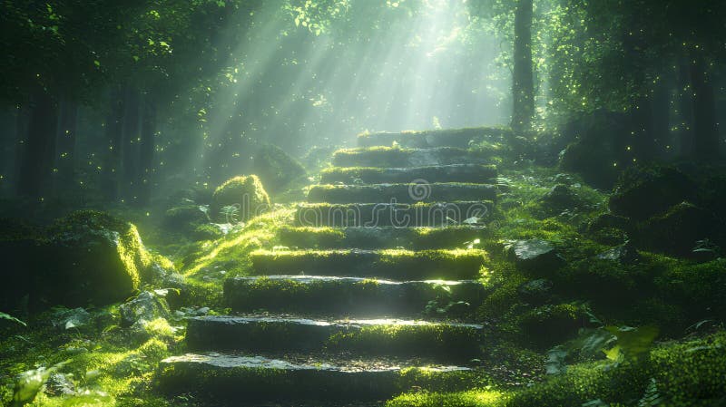 Mystical Forest Pathway Features Moss-covered Stone Steps Leading ...