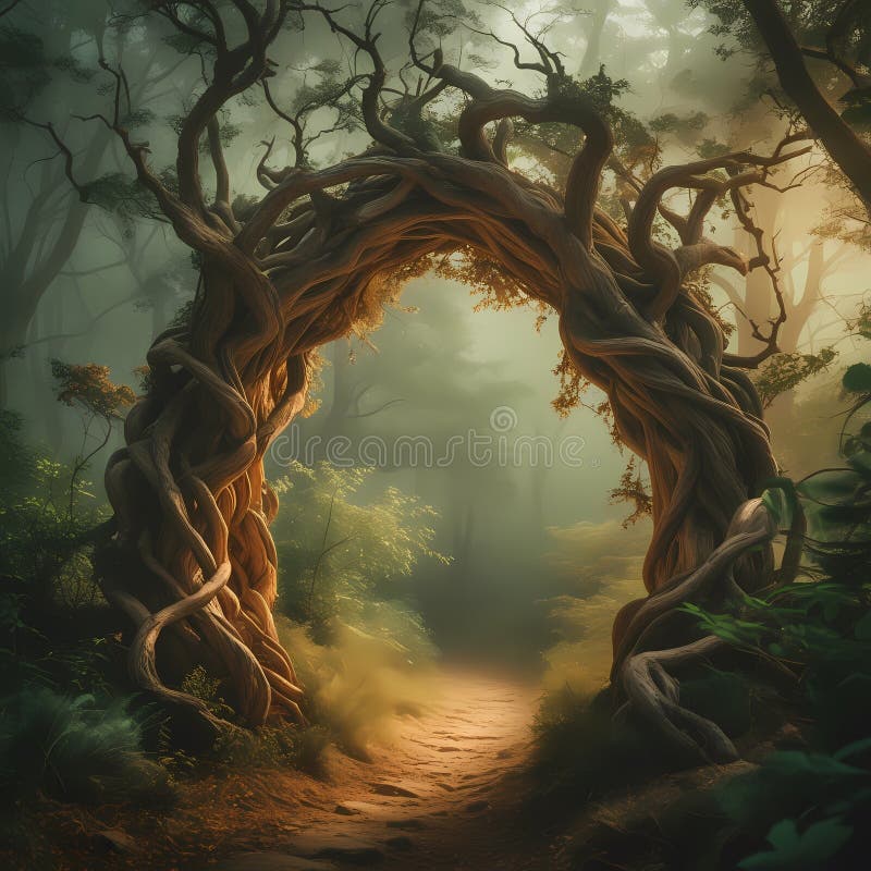 Enchanted Forest Path with Glowing Light and Twisted Tree Arches Stock ...