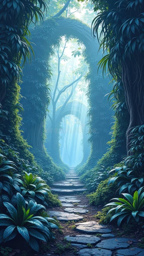 Mystical Forest Pathway: Sunlit Stone Trail in Lush Greenery Stock ...