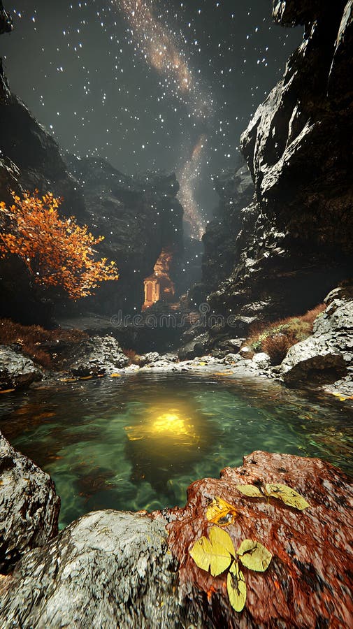Mystical Forest Pool Under the Starry Sky Stock Illustration ...