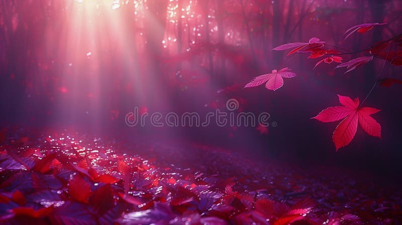 Mystical Forest with Red Leaves and Enchanting Light Rays Stock ...