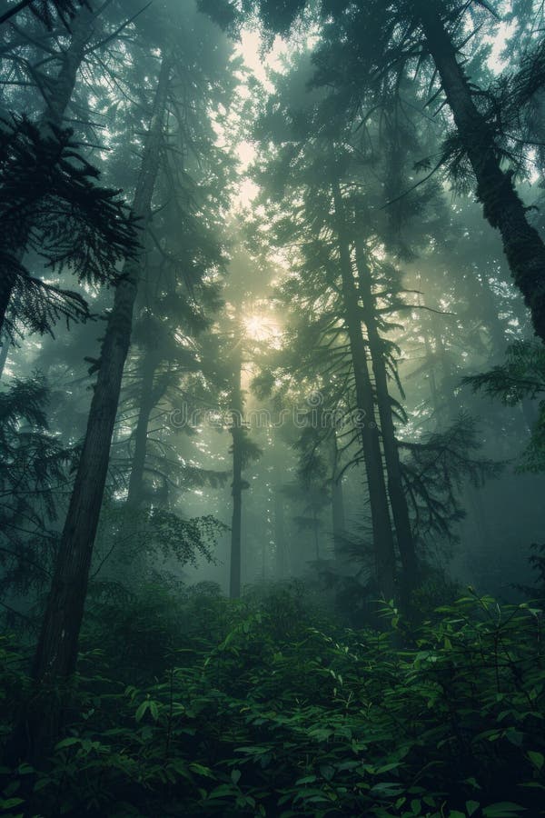 Mystical Forest Scene Enveloped in a Gentle Mist, with Towering ...