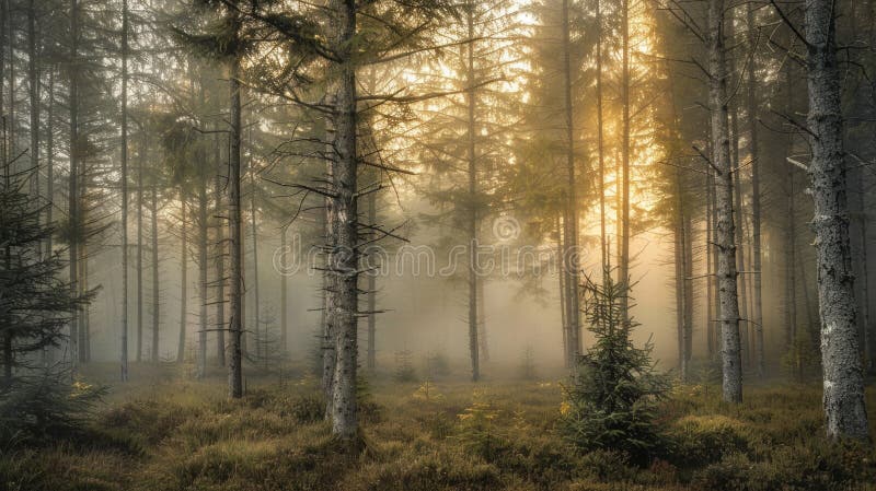 Mystical Forest Scene Enveloped in a Gentle Mist, with Towering ...
